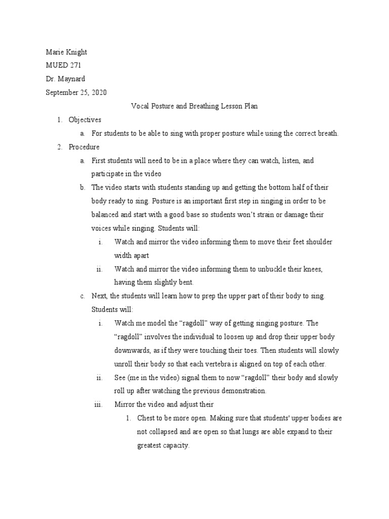 Vocal Posture and Breathing Lesson Plan 2 | PDF | Singing | Breathing