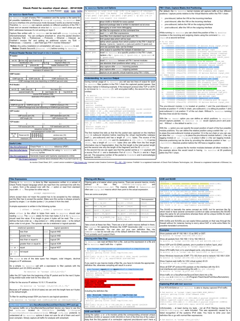 Check Point - FW Monitor Cheat Sheet | PDF | Transmission Control ...