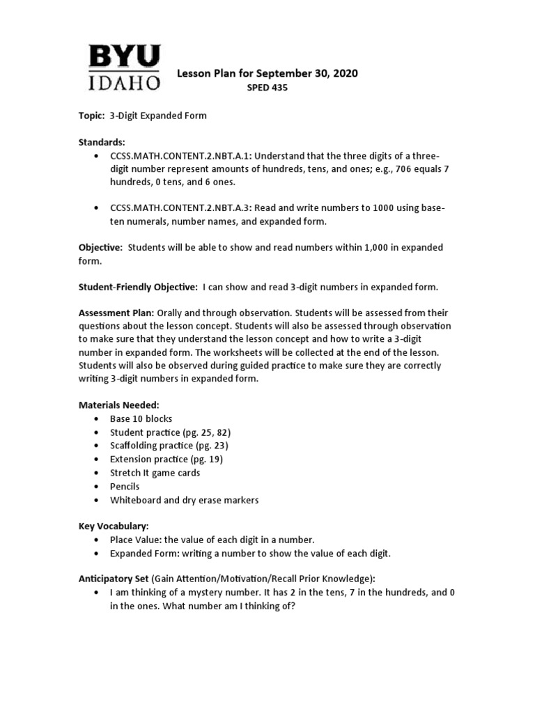 Expanded Form For 3 Digits Numbers Lesson Plan | PDF | Lesson Plan ...
