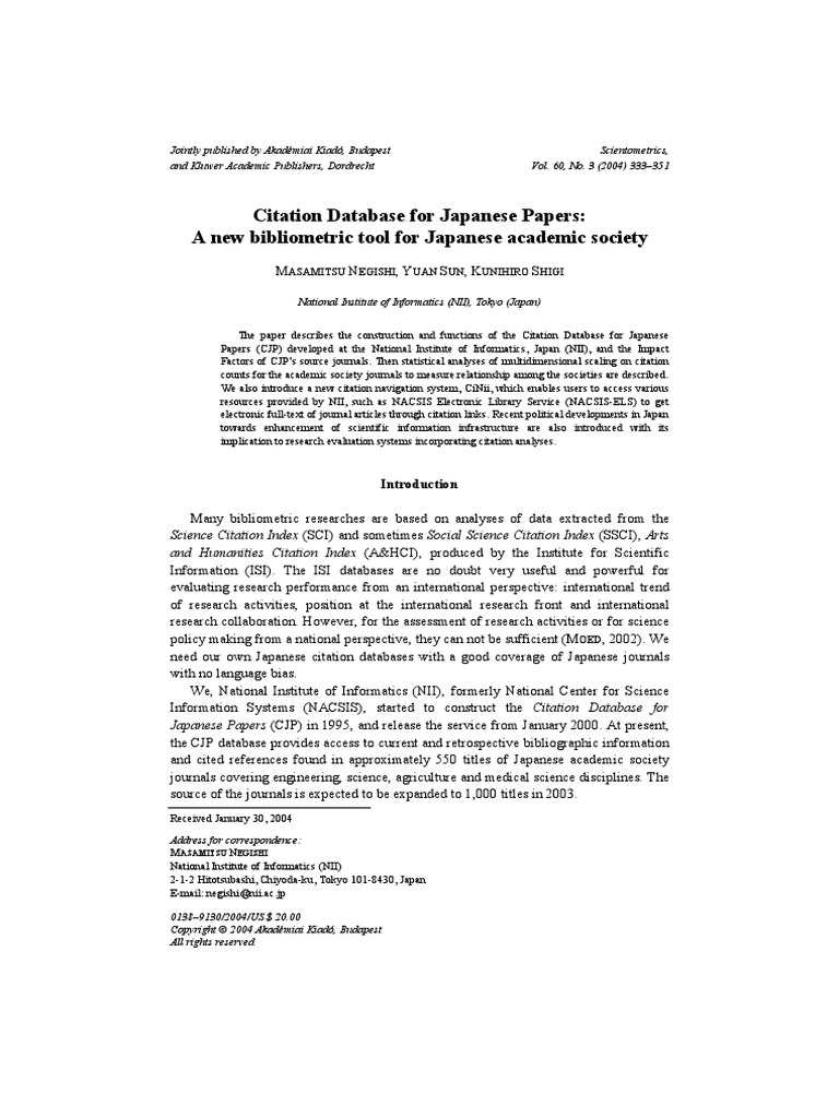 Citation Database For Japanese Papers: A New Bibliometric Tool For ...
