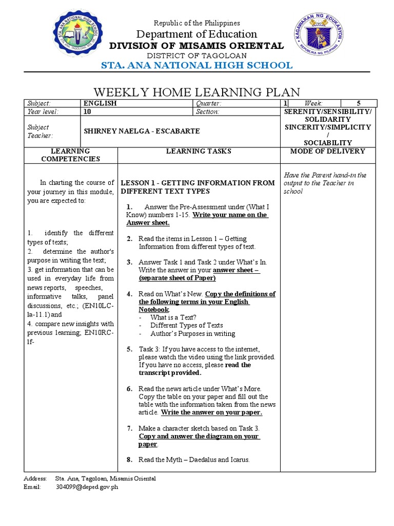 Weekly Home Learning Plan | PDF | Communication | Cognition