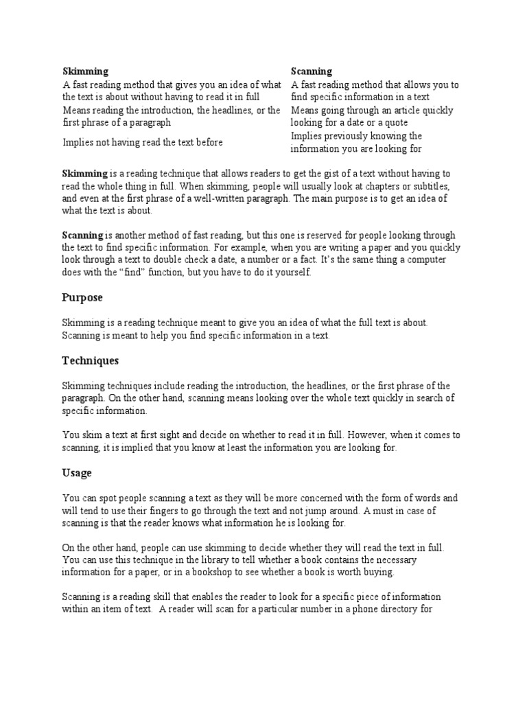 A Comparison of Skimming and Scanning Reading Techniques | PDF | Speed Reading | Reading ...