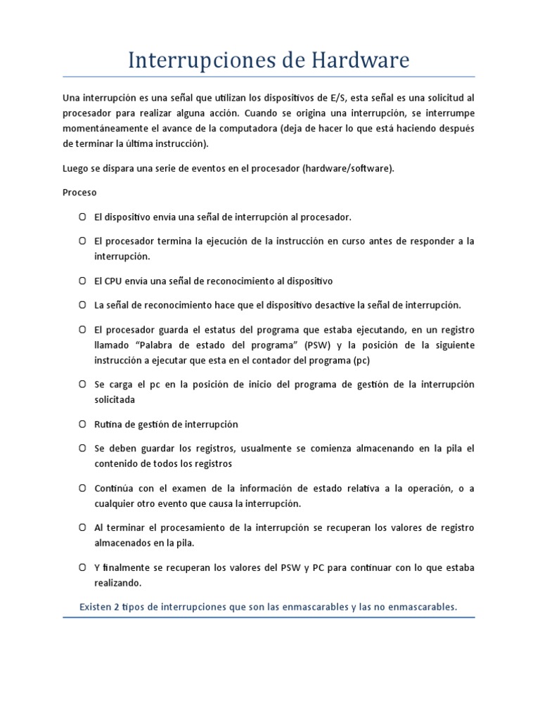 Tipos y Manejo de Interrupciones | PDF | Unidad Central de procesamiento | Programa de computadora