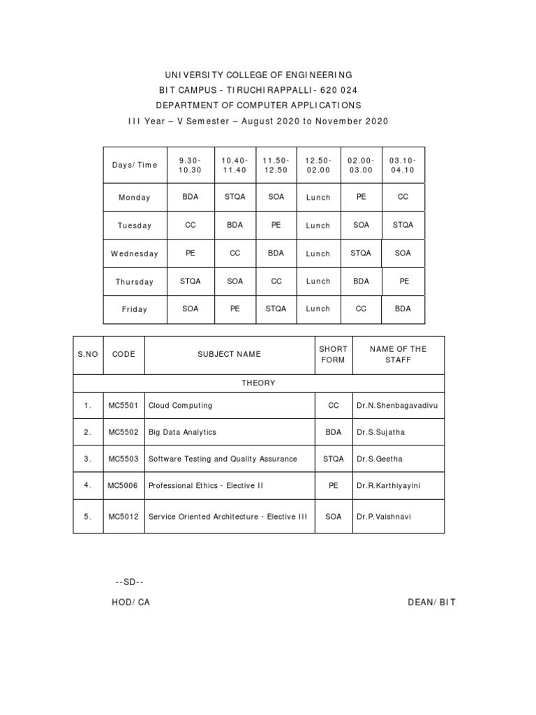 Third Year Time Table | PDF | Technology & Engineering