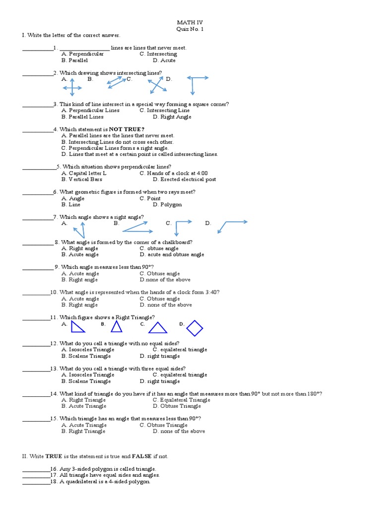 Math 4 Quiz 1 | Download Free PDF | Triangle | Angle
