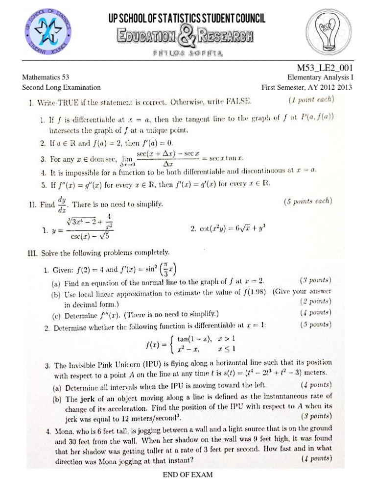 Mathematics 53 Elementary Analysis I Second Long Examination First ...