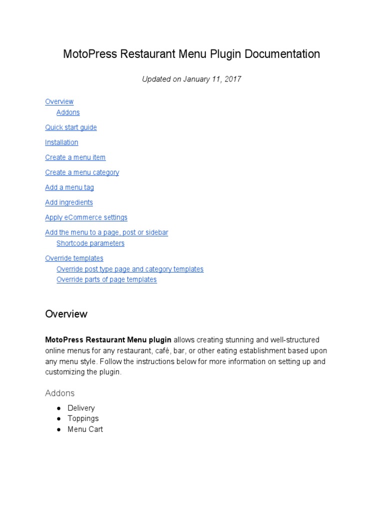 Restaurant Menu Plugin Documentation | PDF | Menu | Lunch