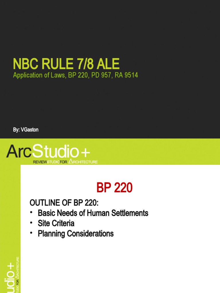 NBC Rule 7/8 Ale: Application of Laws, BP 220, PD 957, RA 9514 | PDF ...