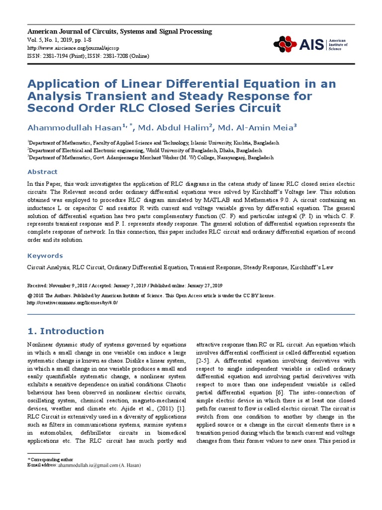 Application of Linear Differential Equation in An Analysis Transient and Steady Response For ...