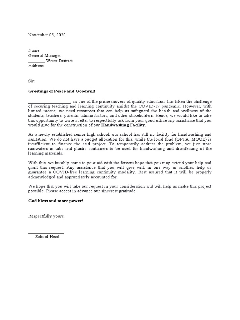 Letter Request for Handwashing Facility