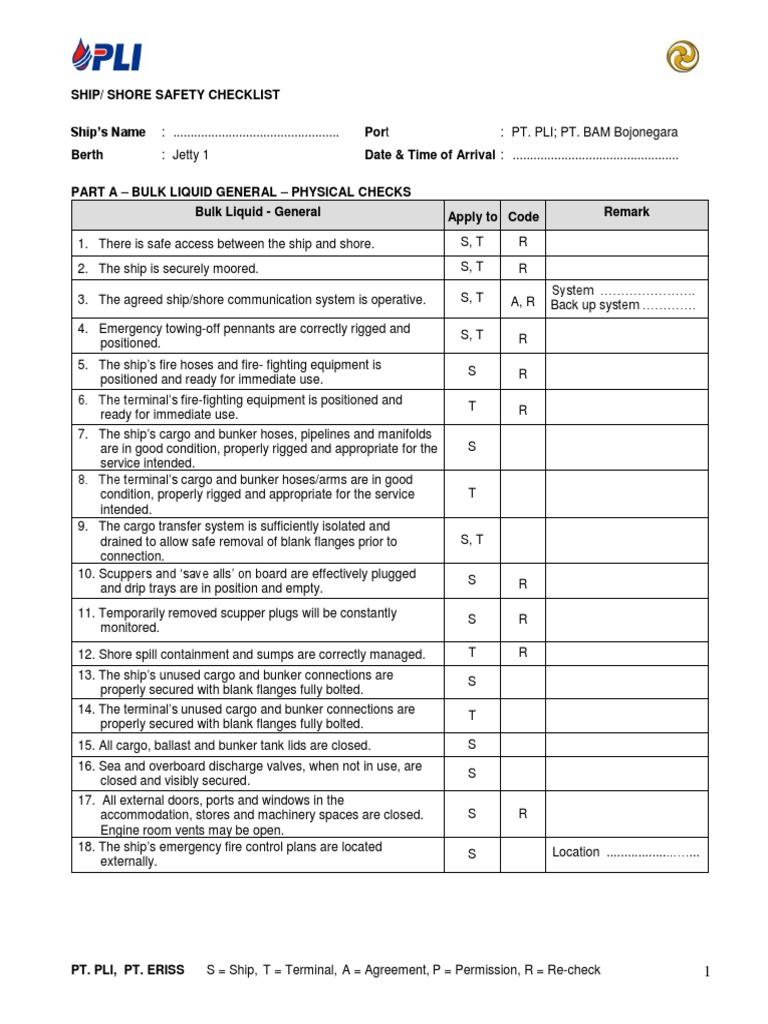 Ship/Shore Safety Checklist ISGOTT 6 | PDF | Flashlight | Ships