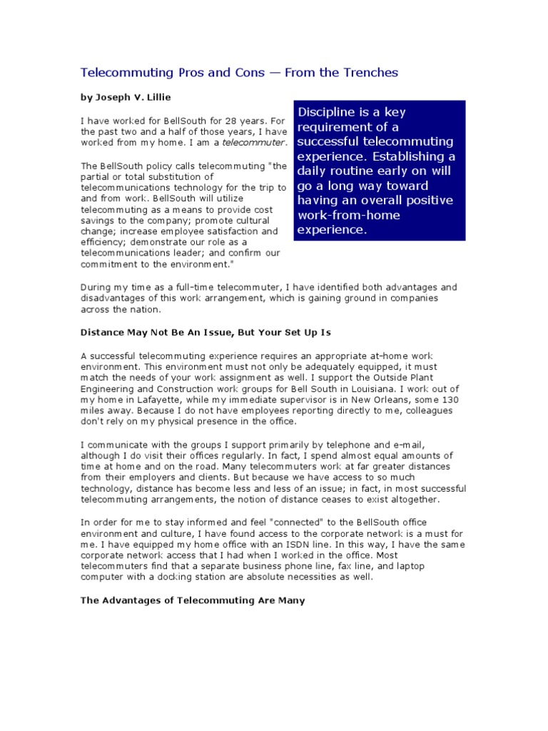 Telecommuting: Benefits and Drawbacks | PDF | Telecommuting | Lease