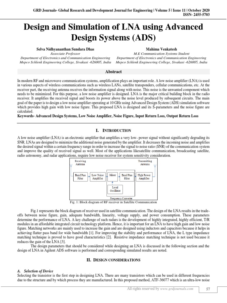 Design and Simulation of LNA Using Advanced Design Systems (ADS) | PDF | Amplifier | Electronics