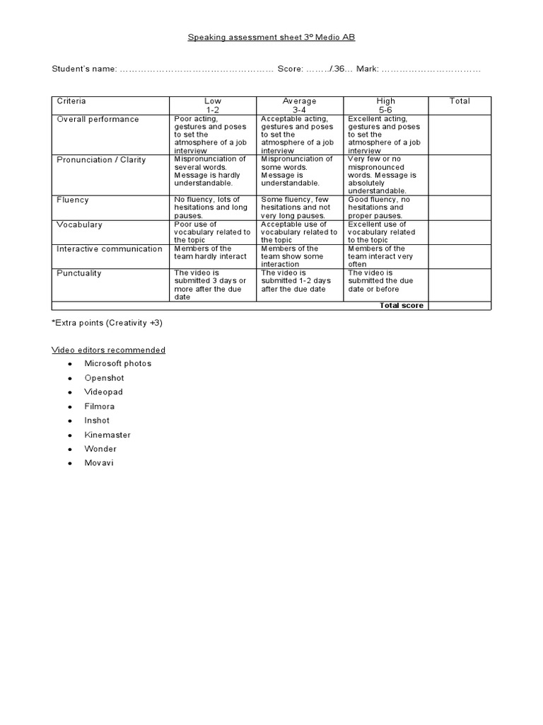 3º Medio AB Speaking Assessment Sheet | PDF | Fluency | Vocabulary