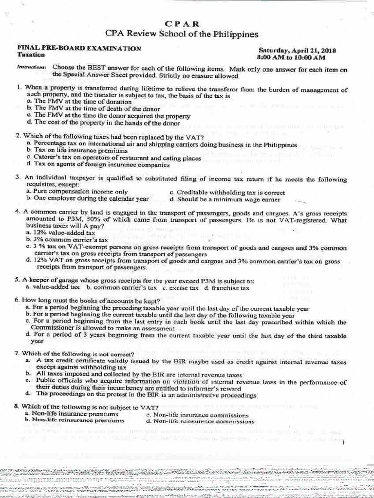 CPAR TAX 1805 Final Preboard 1 | PDF