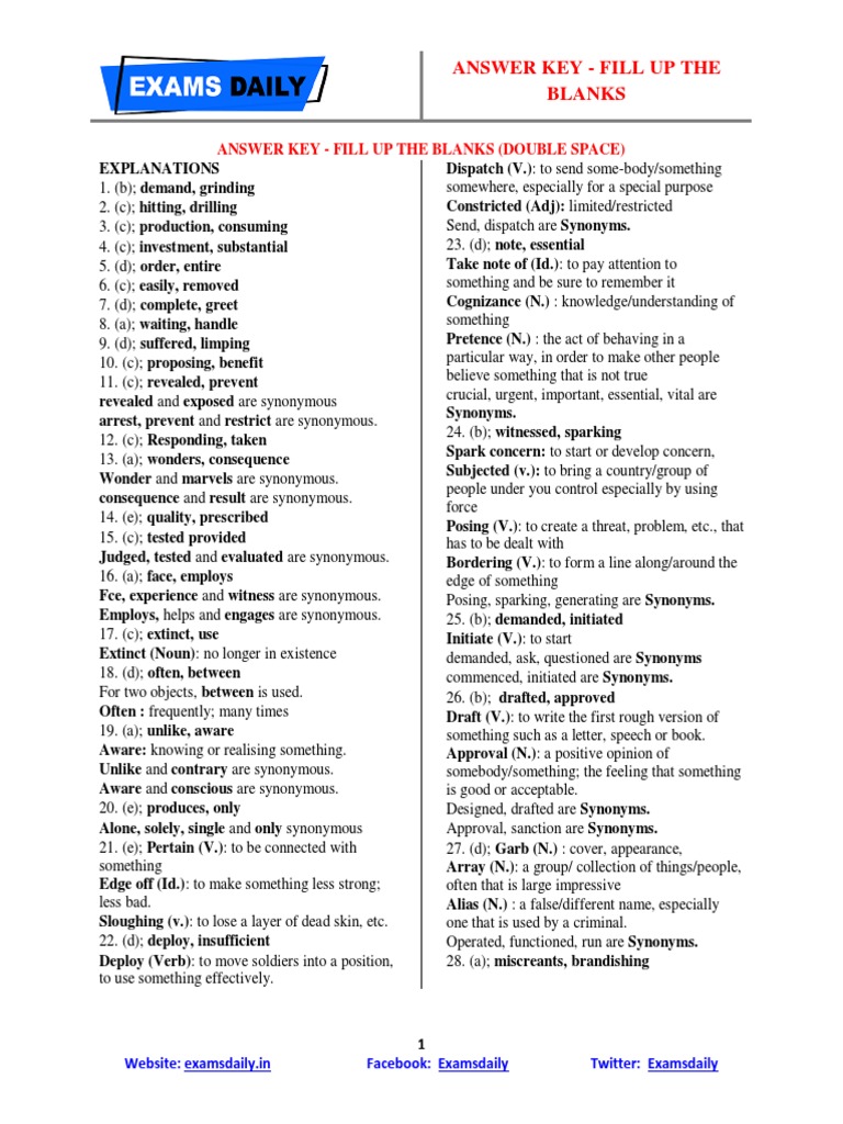 Fill-in-the-Blanks Answer Key | PDF | Morphology | Syntax