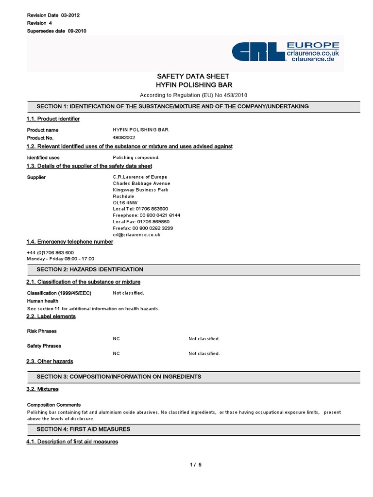 Safety Data Sheet Hyfin Polishing Bar | PDF | Dangerous Goods ...
