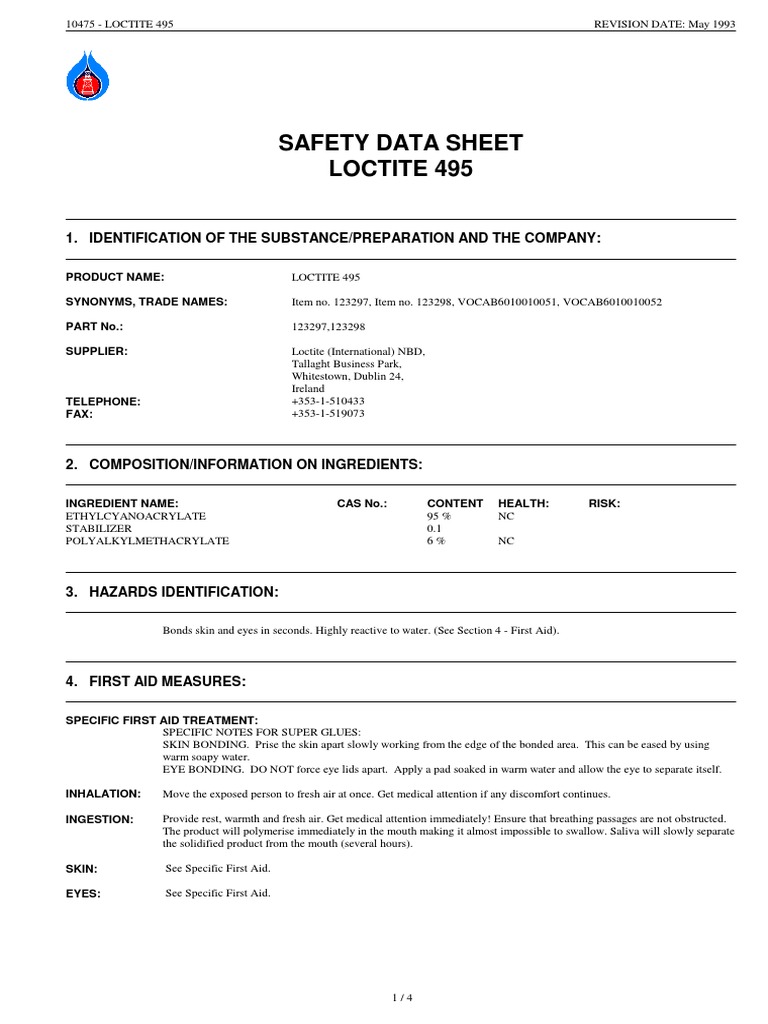 Safety Data Sheet Loctite 495: 1. Identification of The Substance ...