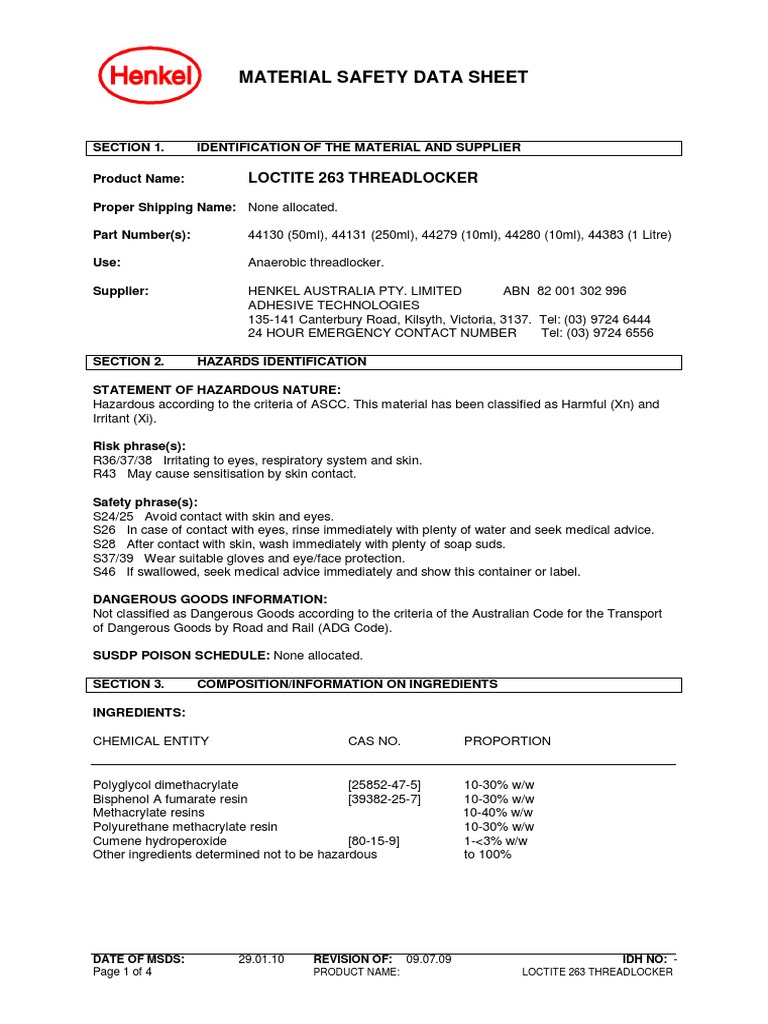Material Safety Data Sheet: Loctite 263 Threadlocker | PDF | Dangerous Goods | Materials