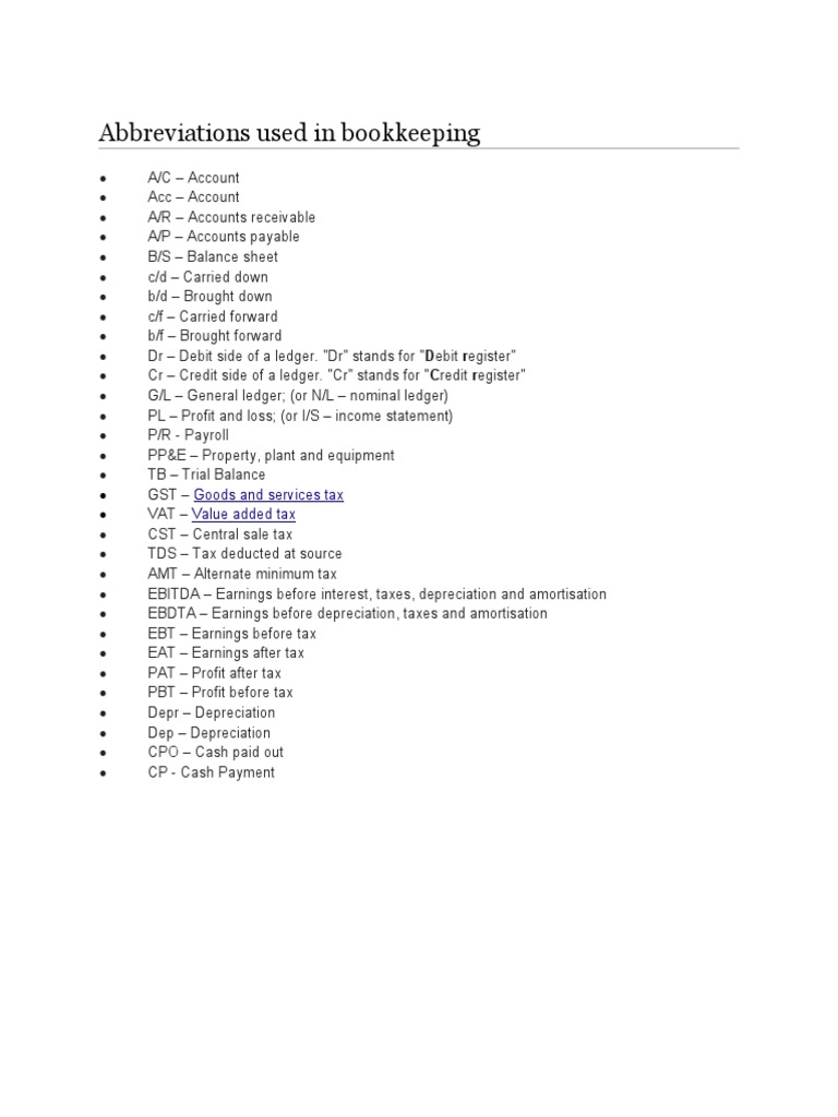 Abbreviations Used in Bookkeeping | PDF