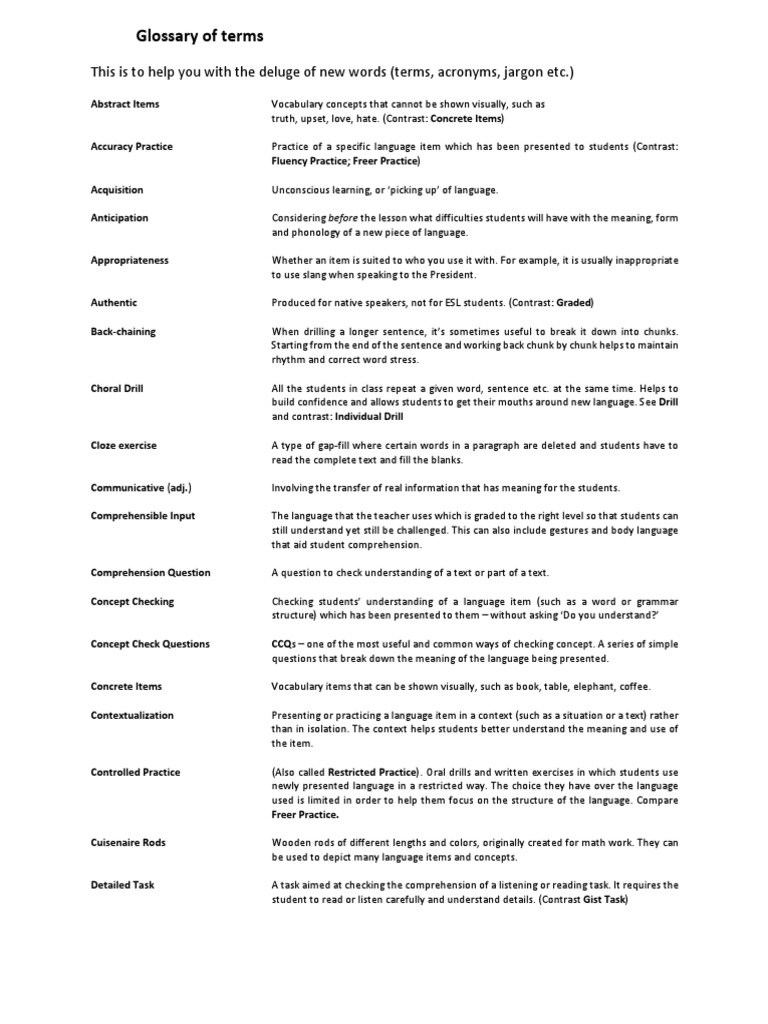 Classroom Vocabulary Glossary | PDF | Reading Comprehension | Question