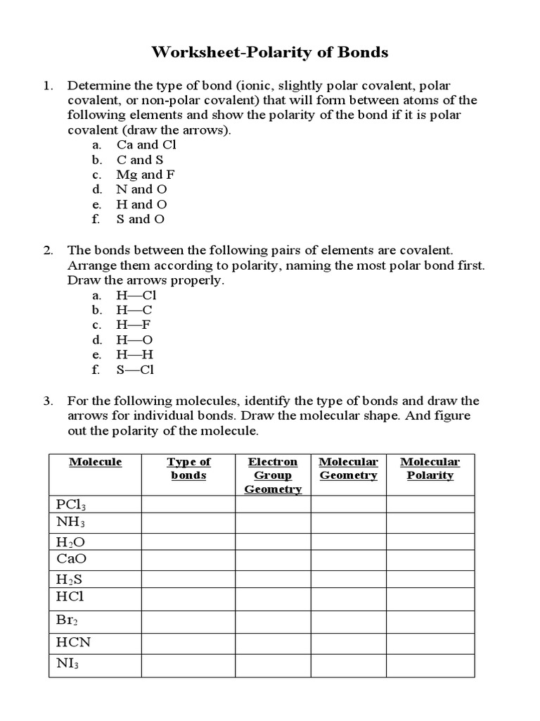 Bond Polarity and Molecular Polarity Worksheet | PDF
