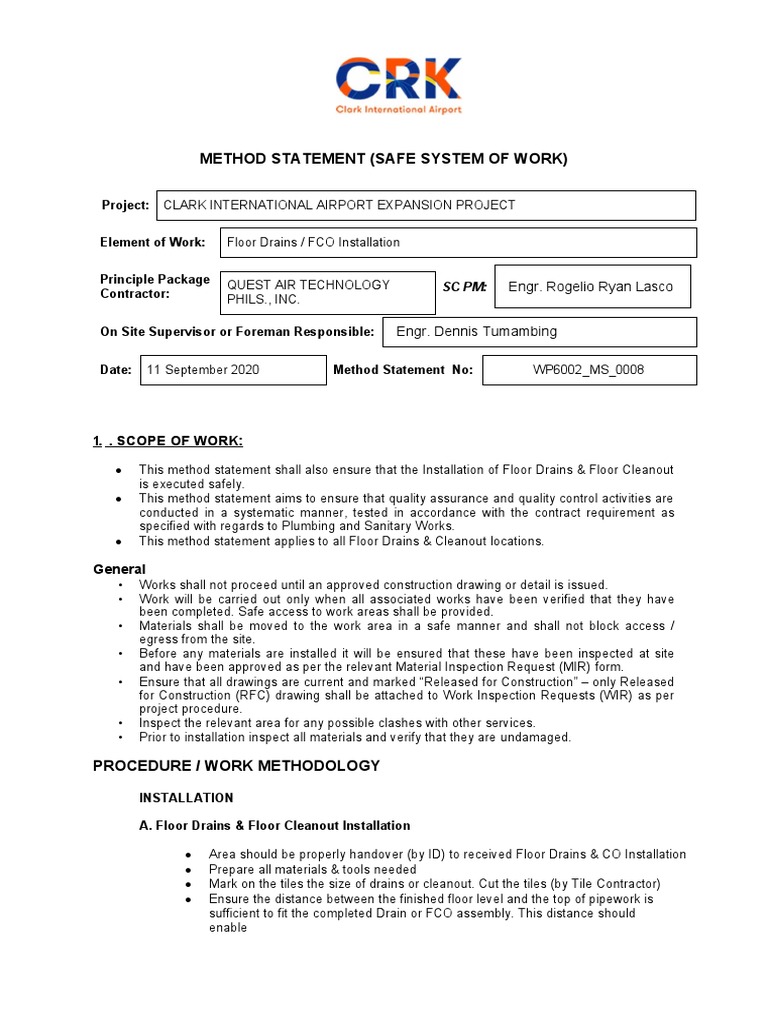 METHOD STATEMENT - Floor Drain & FCO Installation | PDF | Personal ...