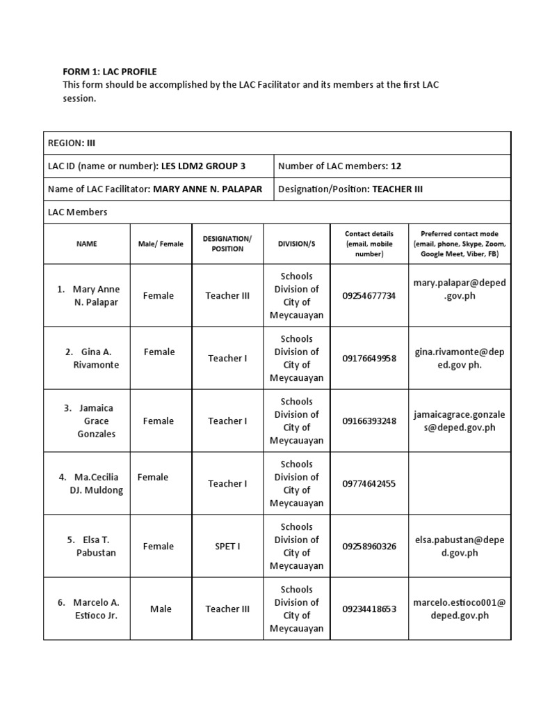 Form 1. LAC Profile 1 | PDF