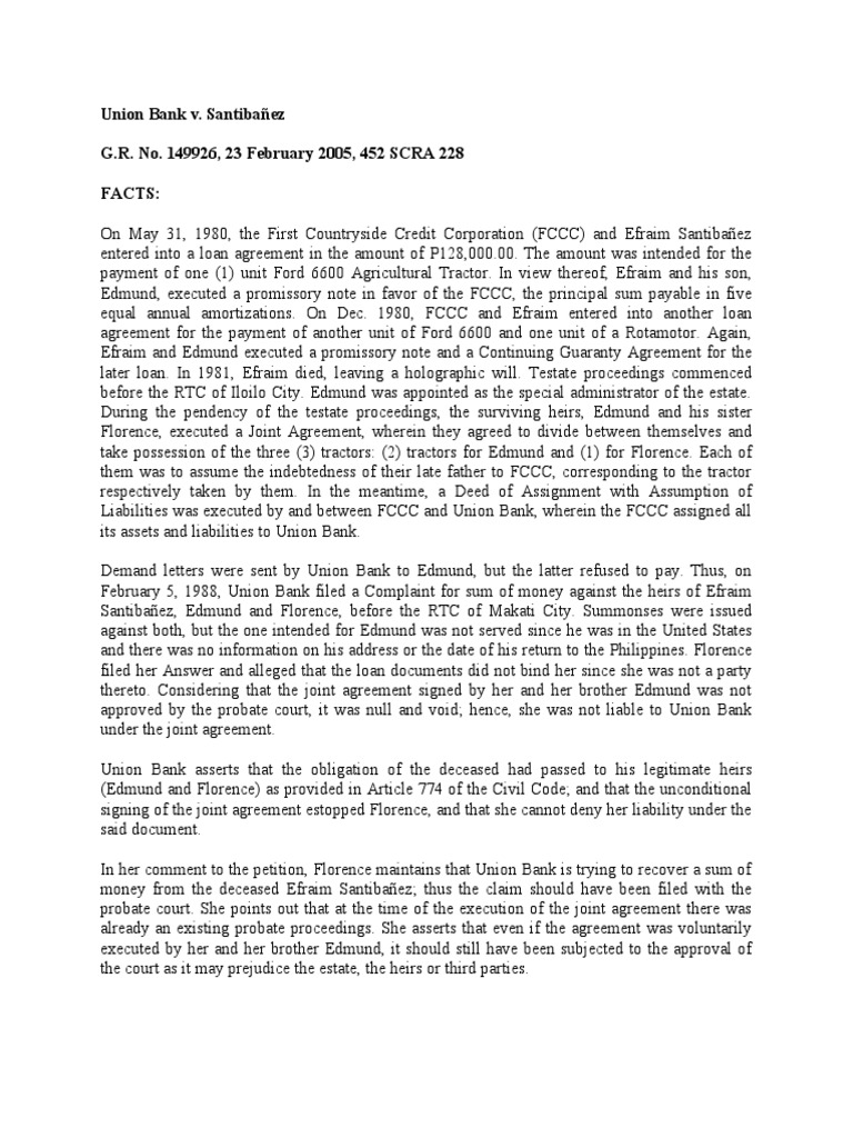 Union Bank v. Santibañez: Estate Liability Case | PDF | Probate | Legal ...
