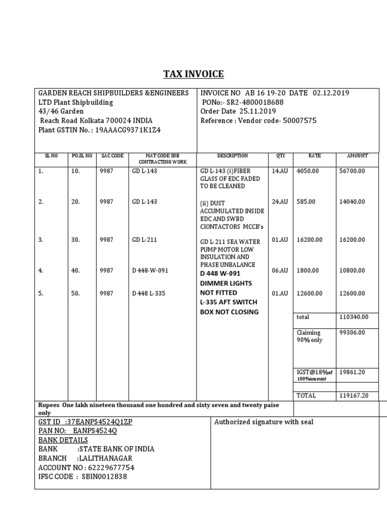 Tax Invoice: SL No Po - SL No Sac Code Mat Code Sub Contracting Work ...