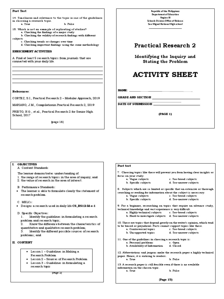 Activity Sheet: Practical Research 2 | PDF | Dependent And Independent Variables | Quantitative ...