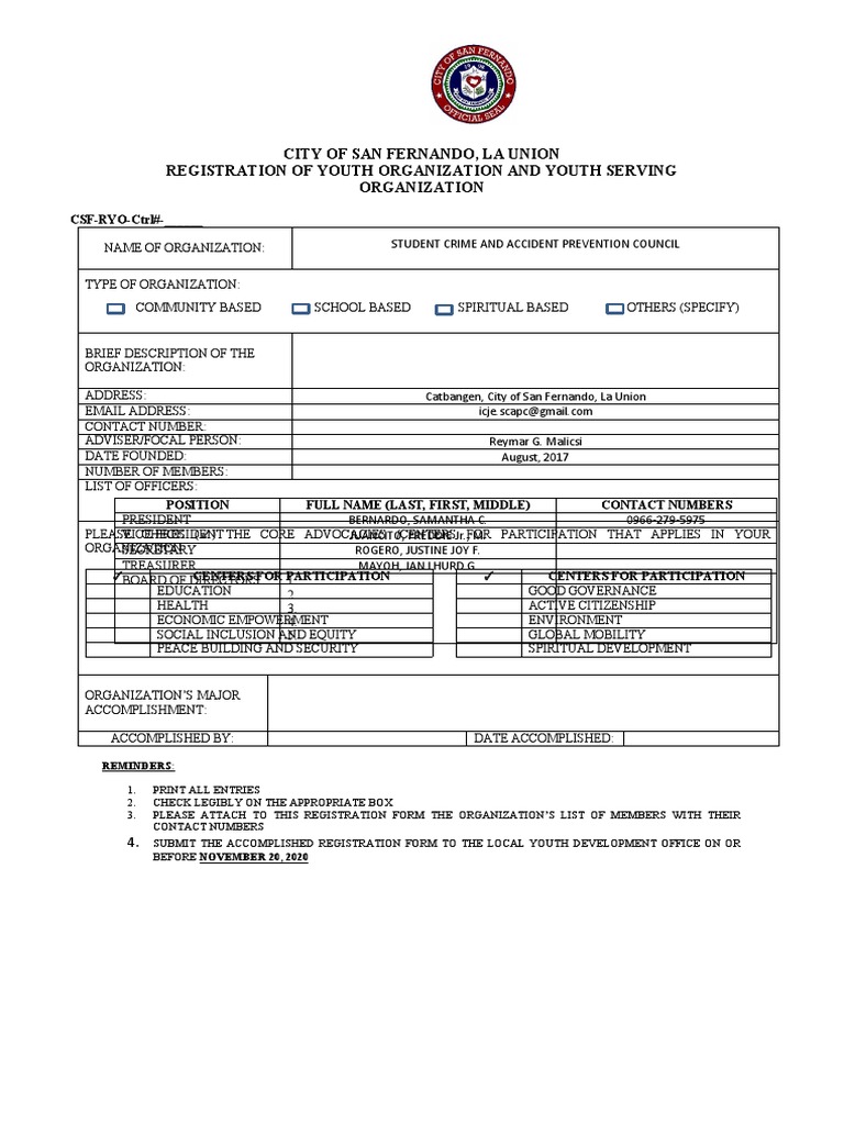 CSF RYO Registration Form | PDF | Social Institutions | Social Science