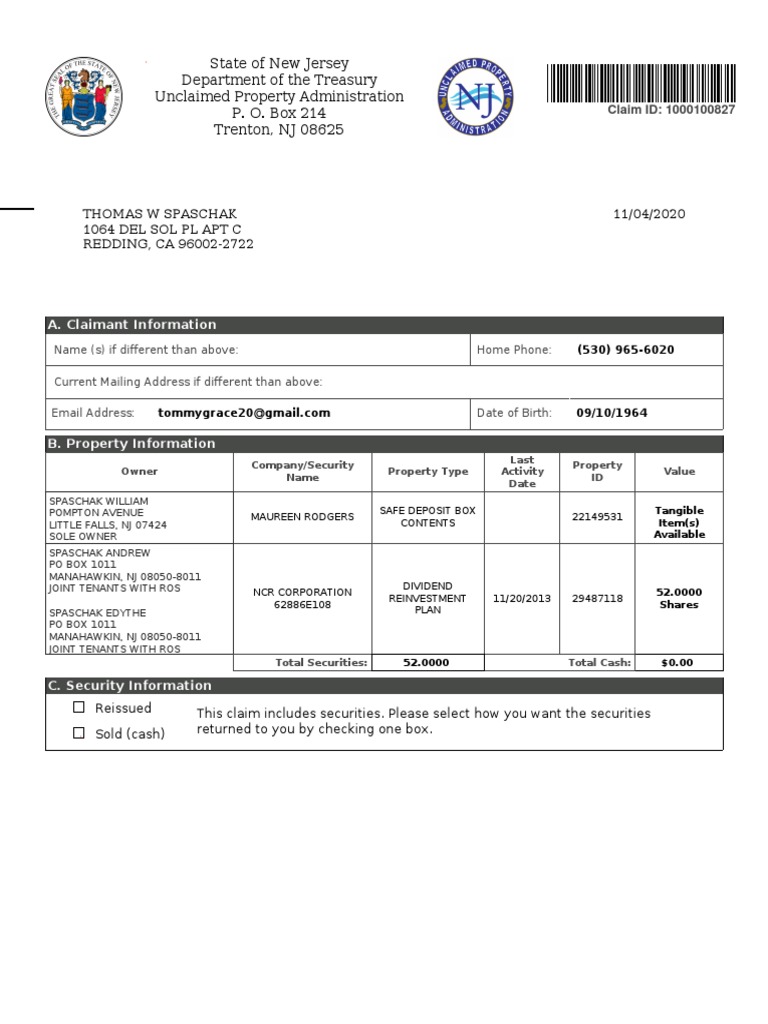 State of New Jersey Department of The Treasury Unclaimed Property ...