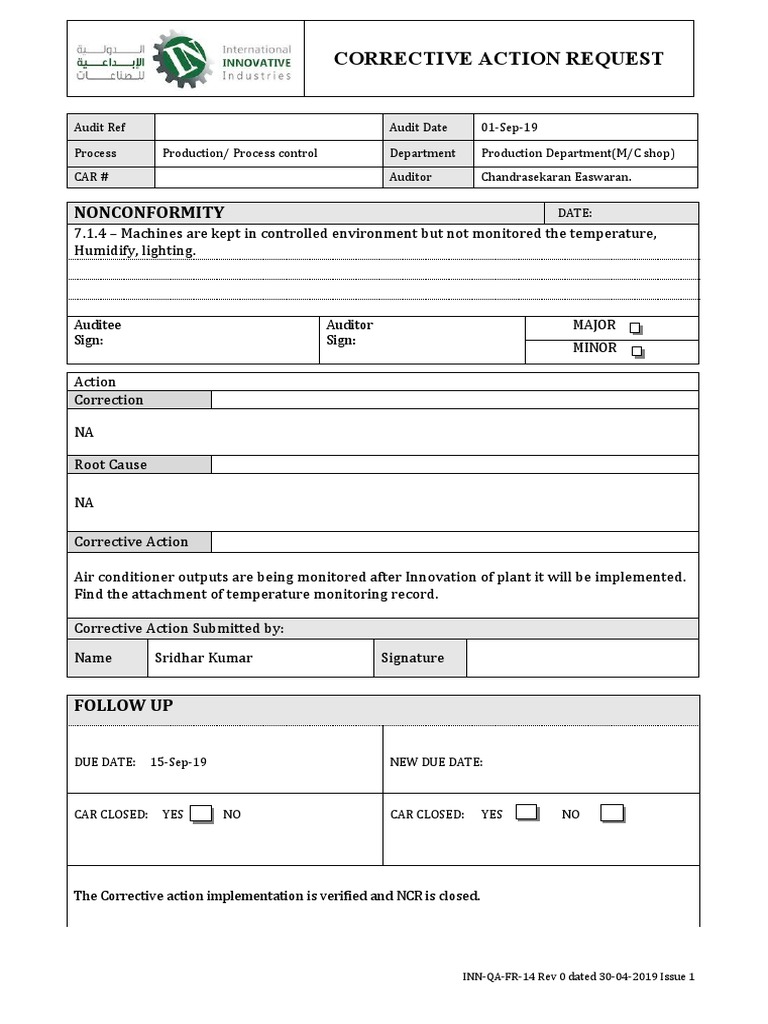 Corrective Action Request: Nonconformity | PDF