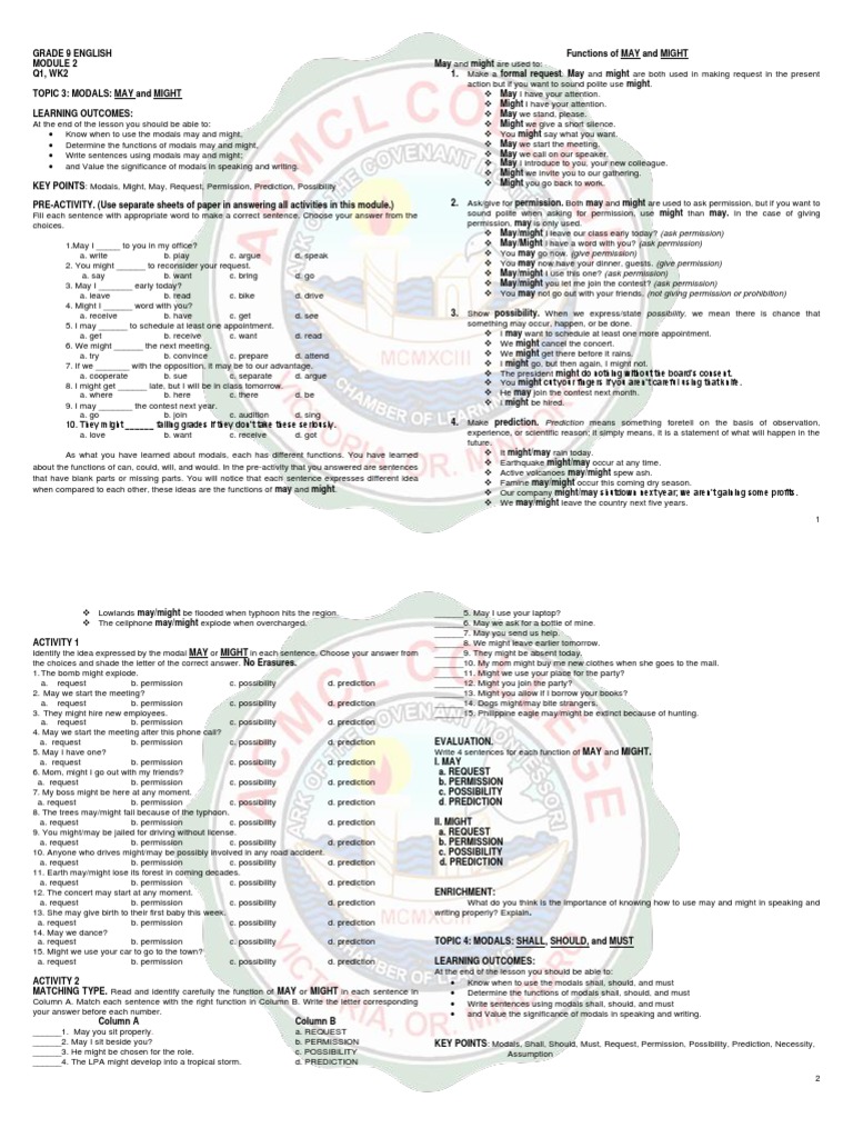 Learning Module - English 9 - Module 2 - Q1 - WK2 | PDF | Modal Logic