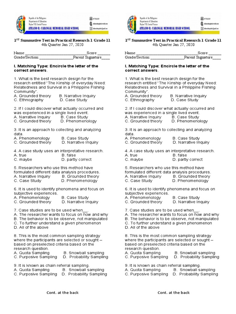 1st Summative Test in Practical Research 1 Grade 11 | PDF | Sampling ...