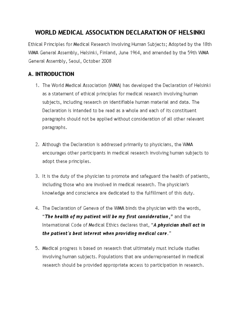 The Declaration of Helsinki | PDF | Informed Consent | Institutional ...