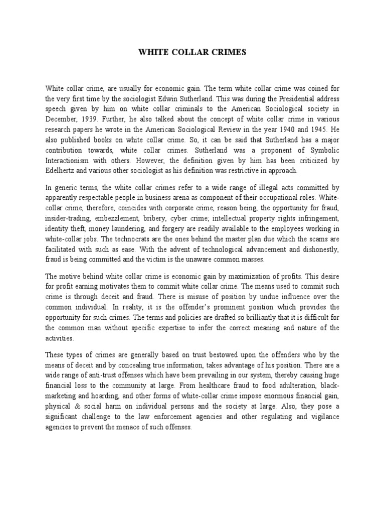 WHITE COLLAR CRIMES - Notes | PDF | Fraud | Crime & Violence
