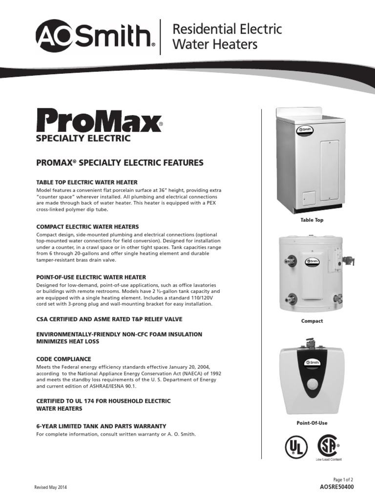 Water Heater 19 Gallon (Manuf. AO Smith) (Model - EJCS-20) | PDF ...