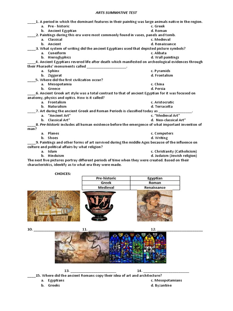 Arts Summative Test: Choices: Pre-Historic Egyptian Greek Roman ...