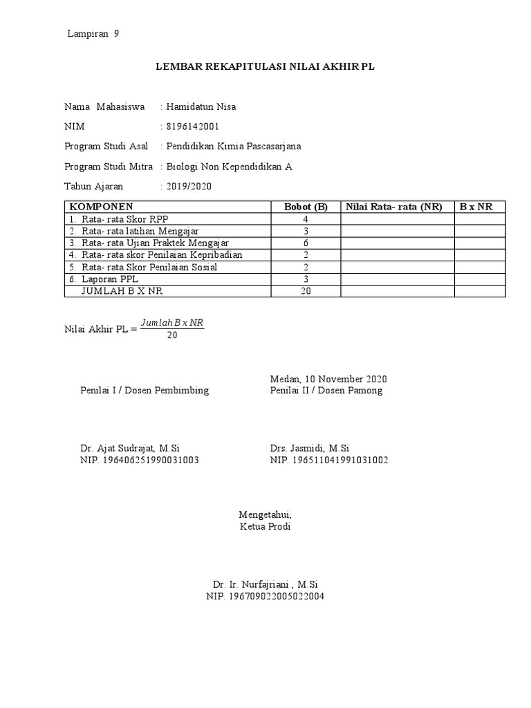 Lampiran 7 Lembar Rekapitulasi Nilai Akhir PPL | PDF | Pengembangan Diri