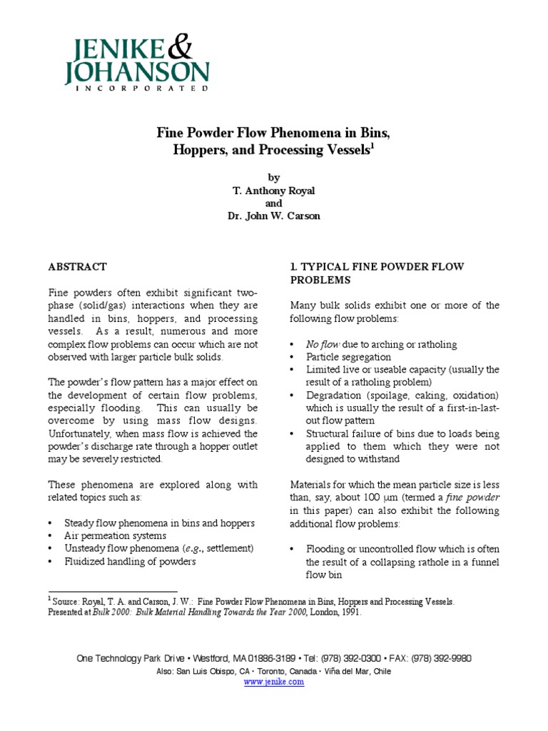 Fine Powder Flow Phenomena in Bins, Hoppers, and Processing Vessels ...