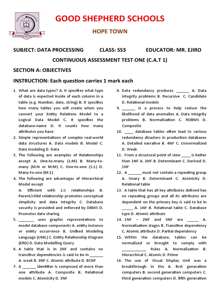 SS3 Data Processing Pre-WAEC | PDF | Relational Database | Databases