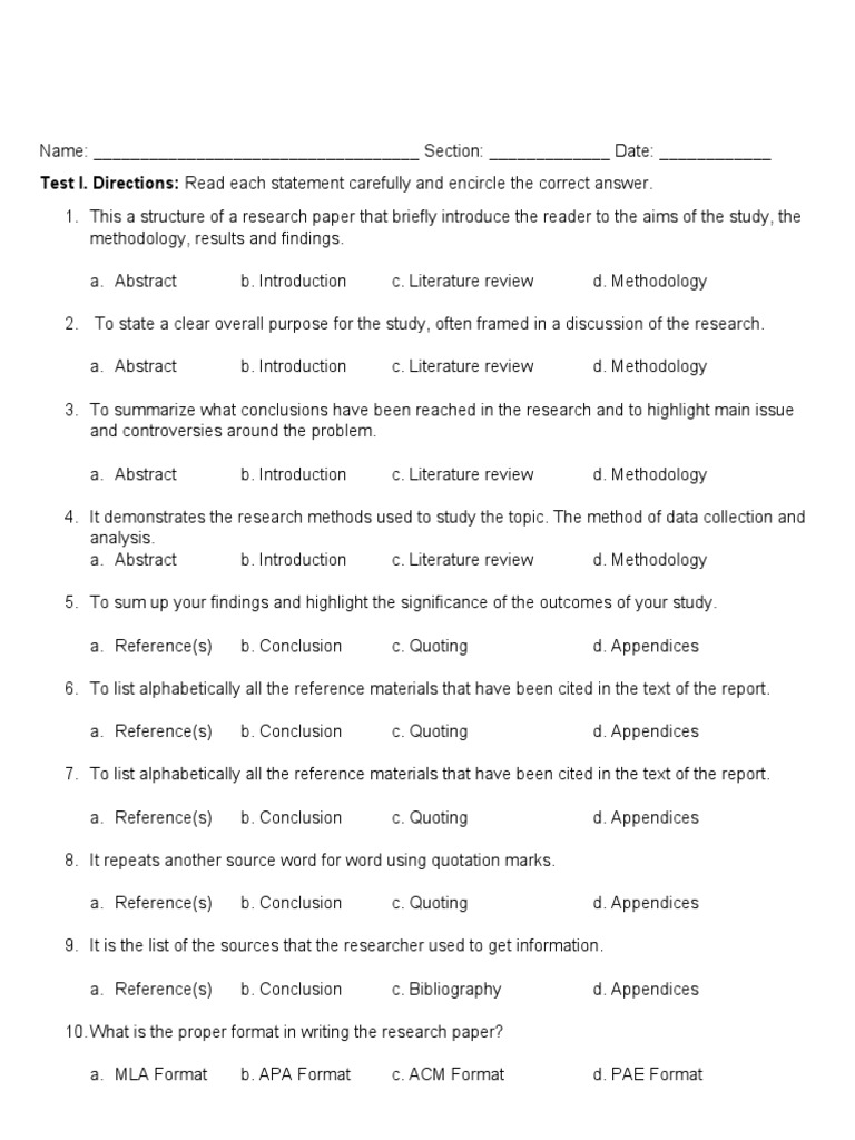 Test I. Directions: Read Each Statement Carefully and Encircle The ...