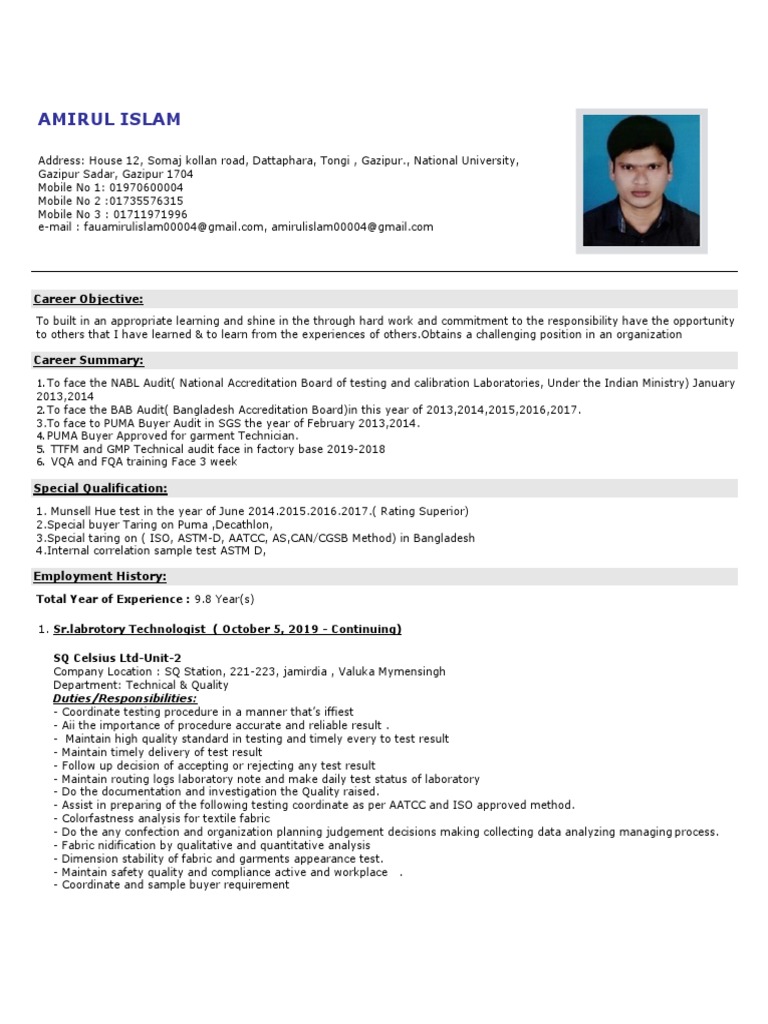 CV For Lab PDF | PDF | Laboratories | Textiles