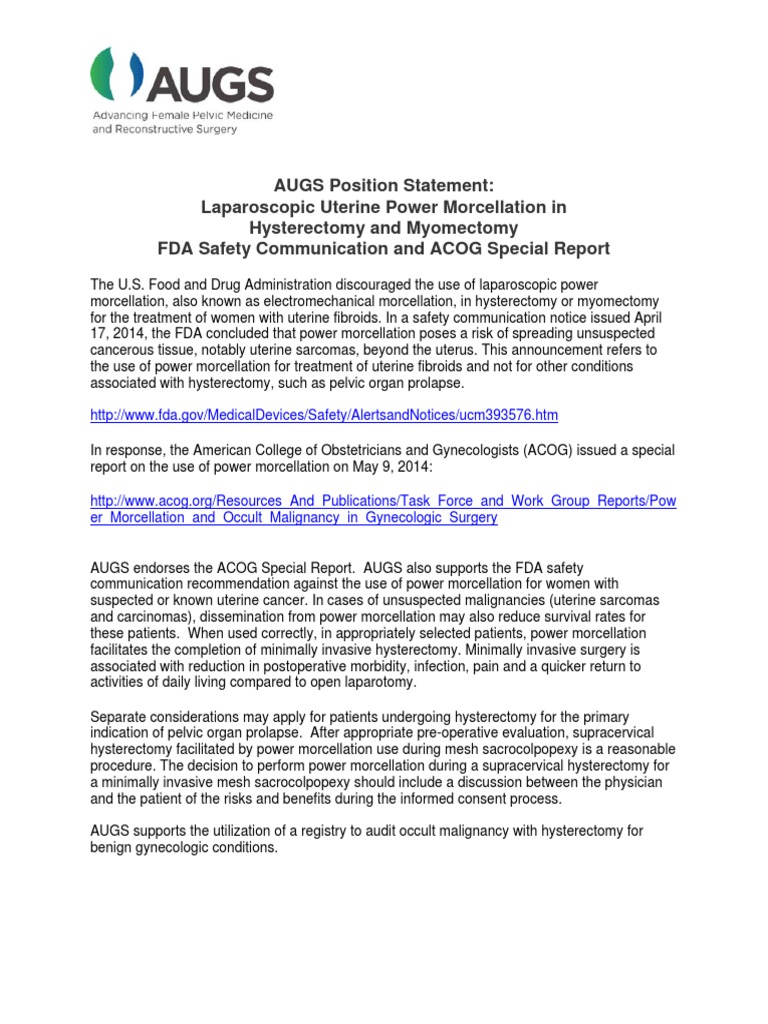 AUGS Position Statement Morcellation FINAL-1 | PDF | Neoplasms | Sexual ...