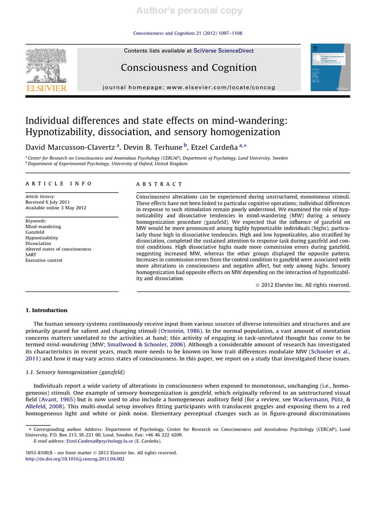 Consciousness and Cognition: David Marcusson-Clavertz, Devin B. Terhune ...