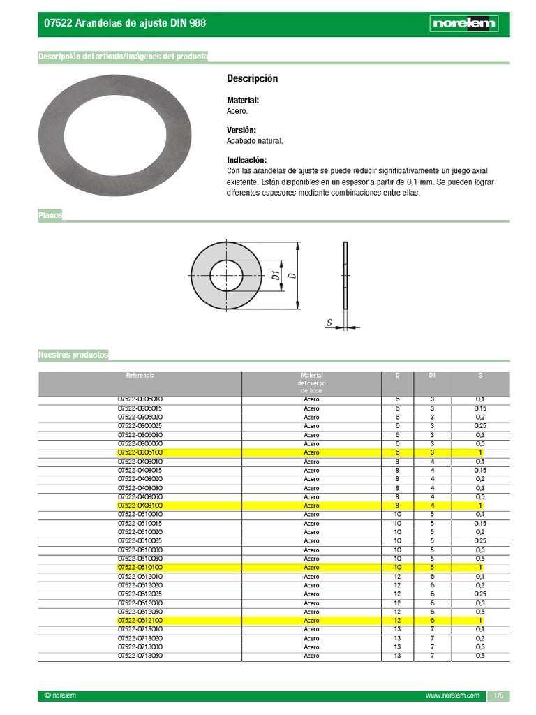 Datasheet 18392 Arandelas de Ajuste DIN 988 - Es PDF | PDF | Acero | Naturaleza