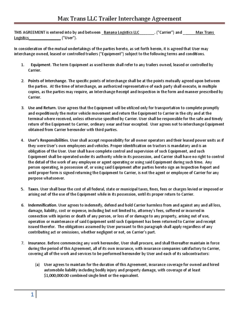 Trailer Interchange Agreement 3057316 | PDF | Indemnity | Insurance