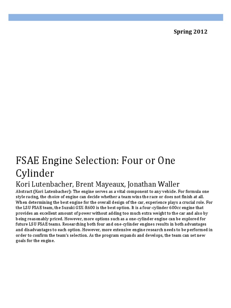 FSAE Engine Selection: Four or One Cylinder | PDF | Horsepower | Engines
